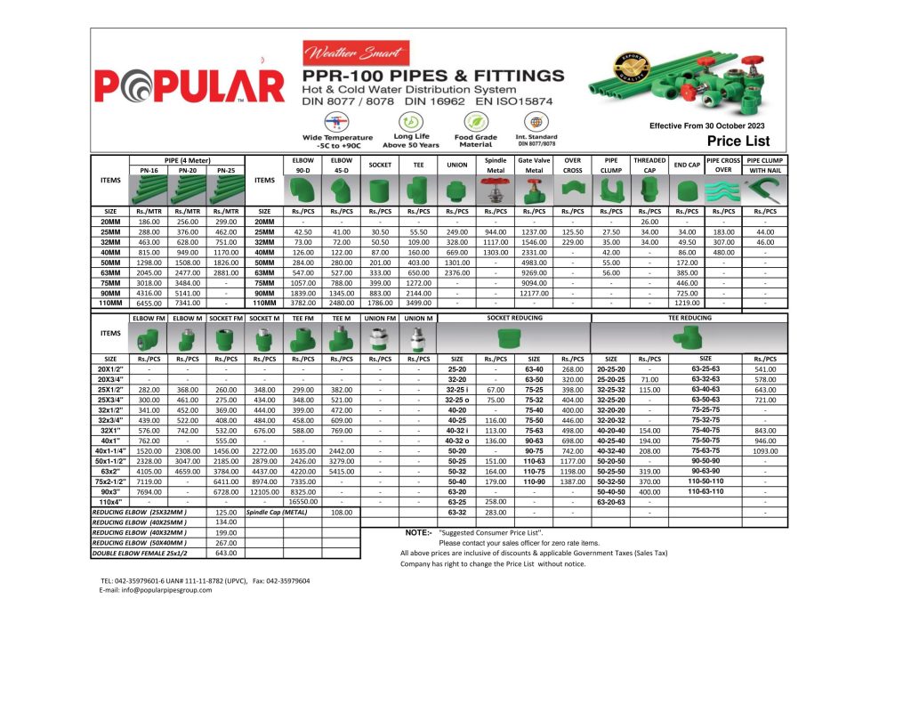 PPR-100 Pipes and Fittings Updated Price List - Popular Pipes Group of ...