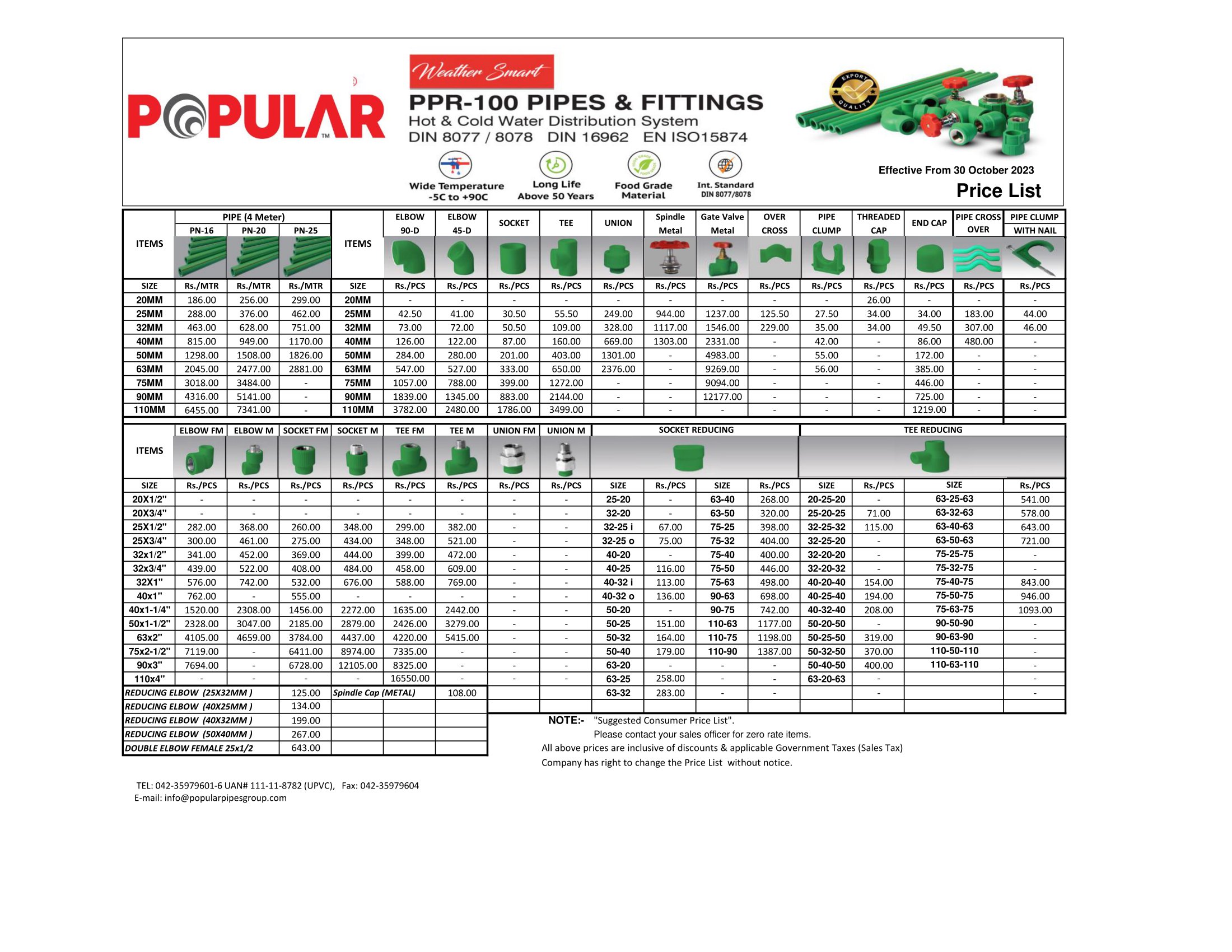 PPR-100 Pipes and Fittings Updated Price List - Popular Pipes Group of ...